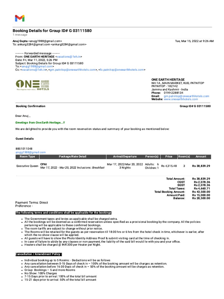 Gmail - Booking Details For Group ID# G 03111580 | PDF | Government ...
