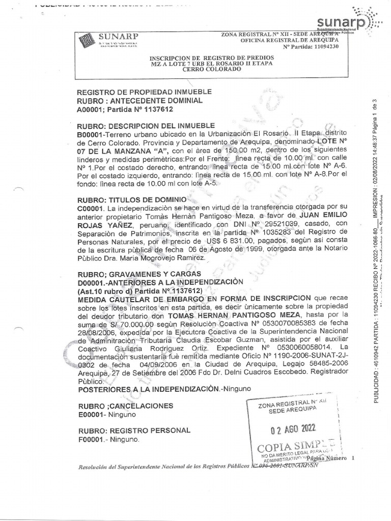 Copia Simple de La Ficha de Registro de Propiedad Inmueble | PDF Copia Simple de La Ficha de Registro de Propiedad Inmueble | PDF