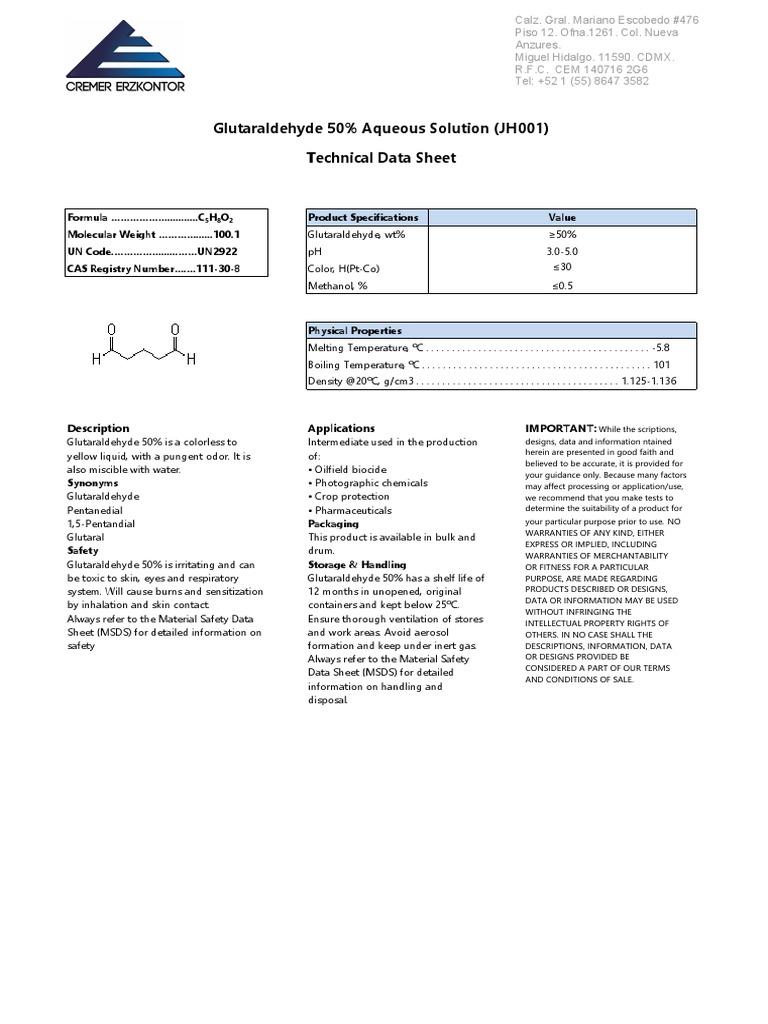 Glutaraldehyde 50% Aqueous Solution (JH001) Technical Data Sheet | PDF ...