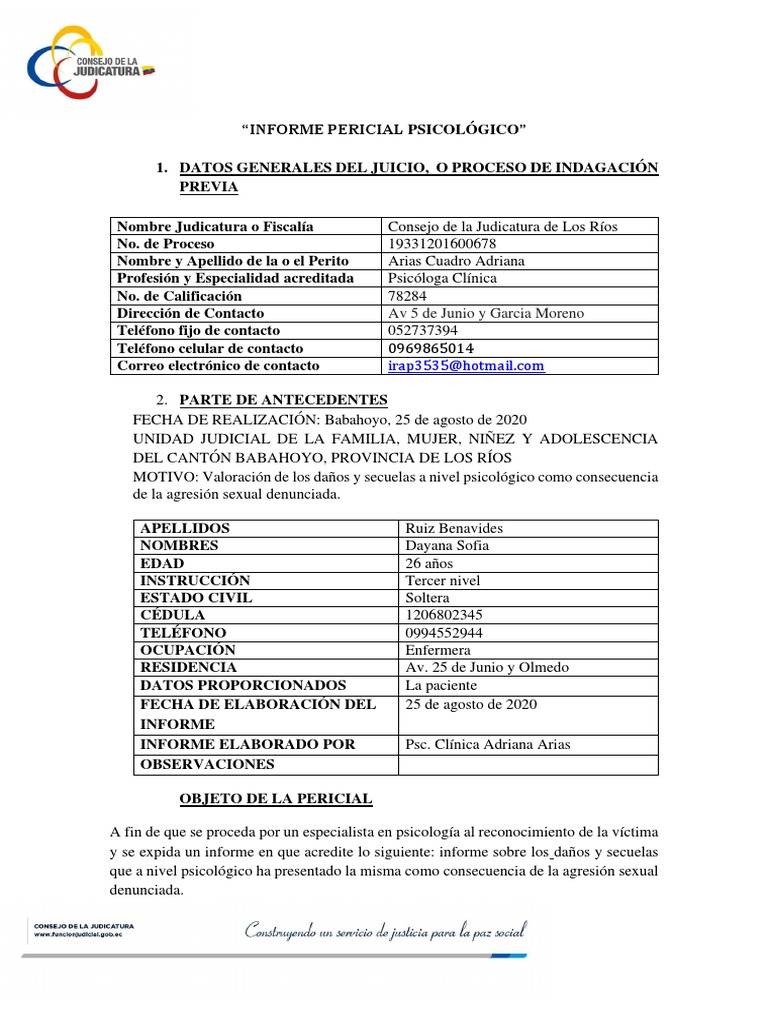 Informe Pericial Forense | PDF | Depresión (estado de ánimo) | Violación