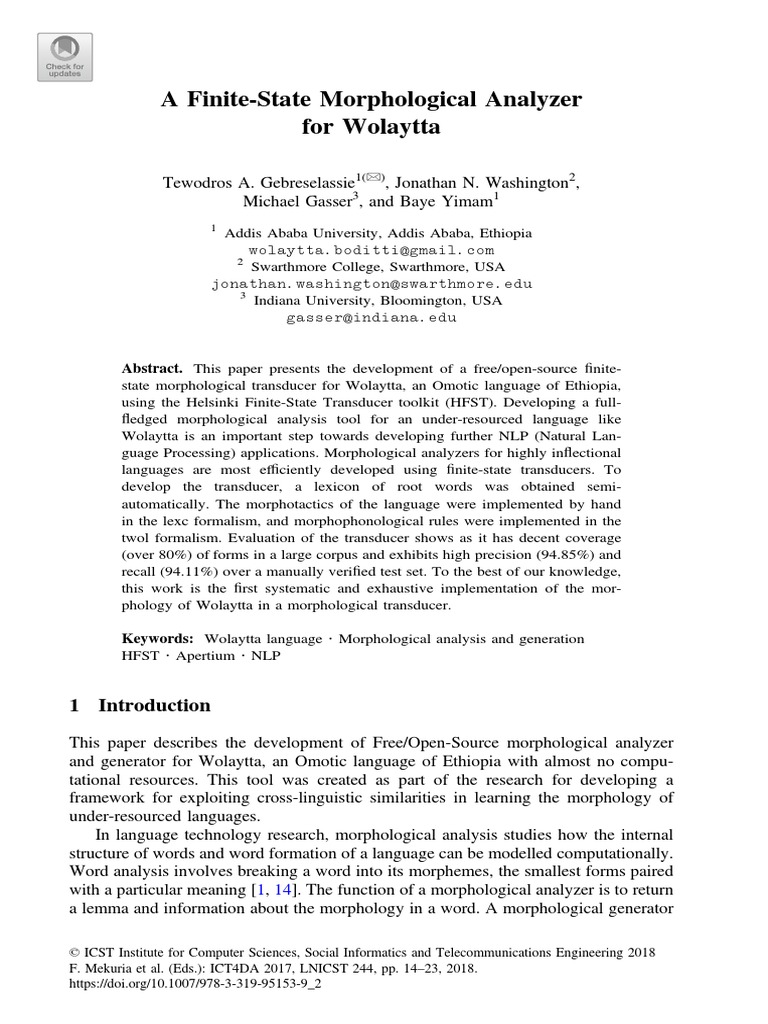 A Finite-State Morphological Analyzer For Wolaytta | PDF | Morphology ...