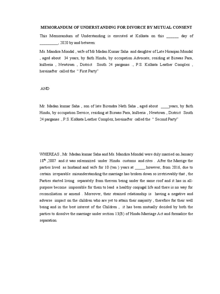 Memorandum of Understanding - Divorce | PDF | Divorce | Marriage