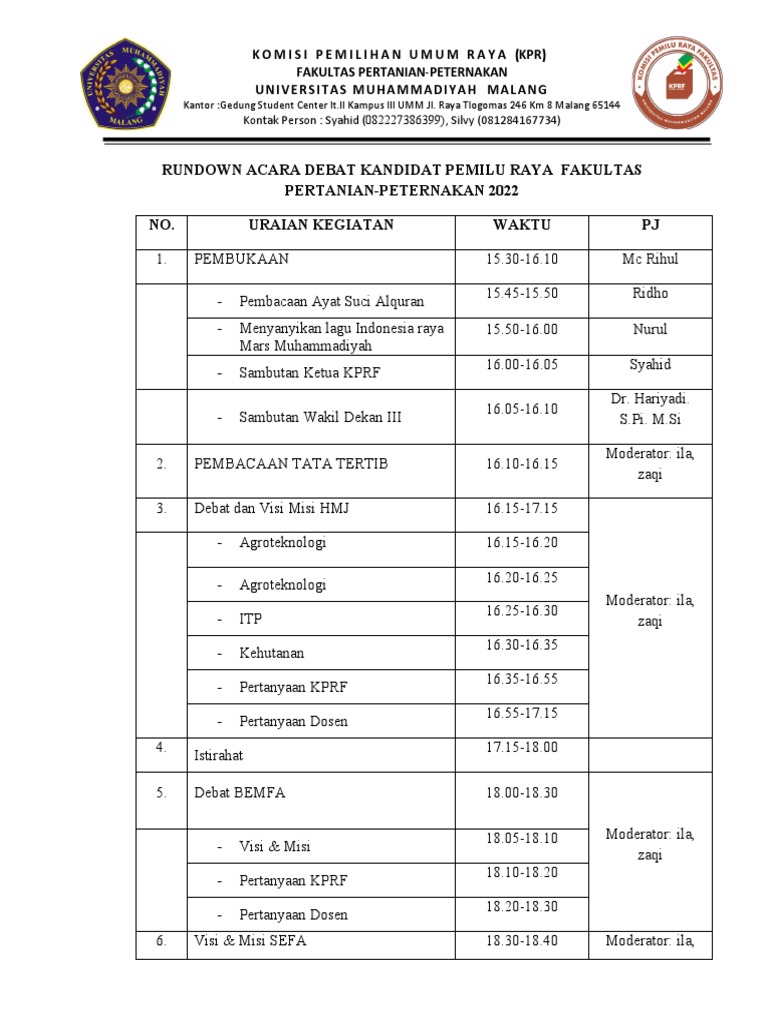 Rundown Debat Pemilu Raya UMM 2022 | PDF