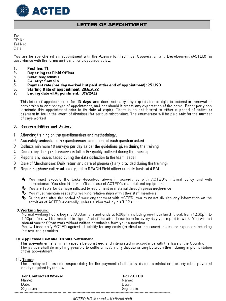 Letter of Appointment: ACTED HR Manual - National Staff | PDF | Legal ...