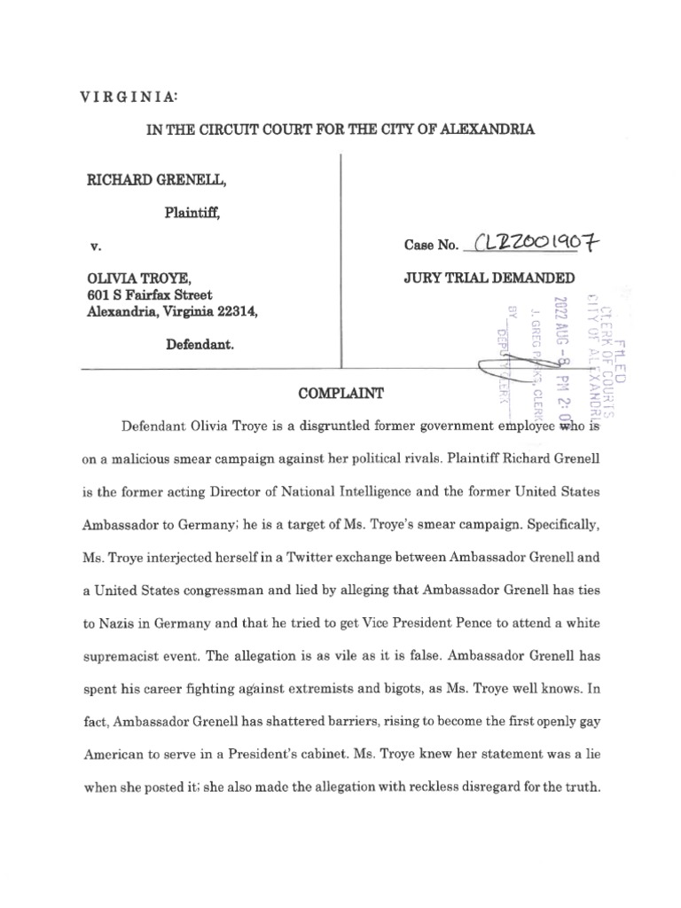 Complaint, Grenell V Troye | PDF