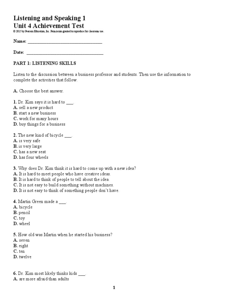 Listening and Speaking 1 Unit 4 Achievement Test | PDF