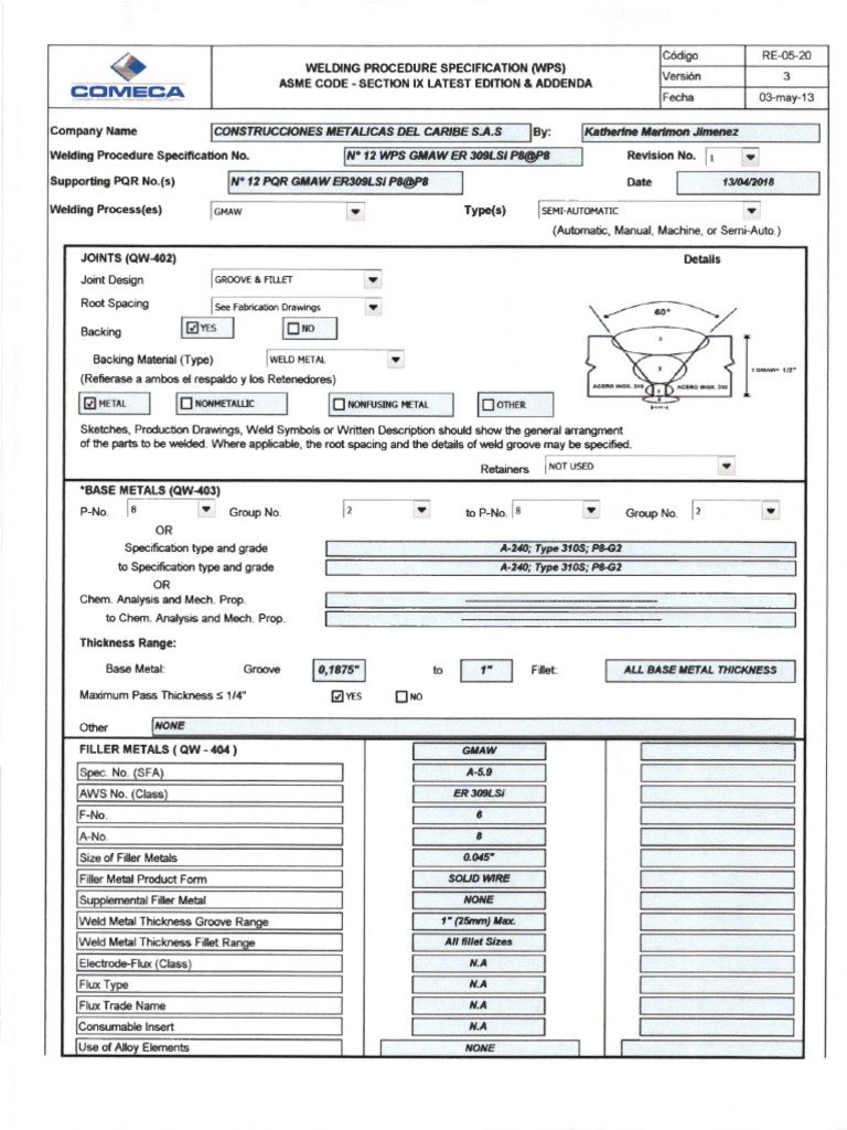 WPS #12 PQR GMAW ER309 Rev. 01 | PDF