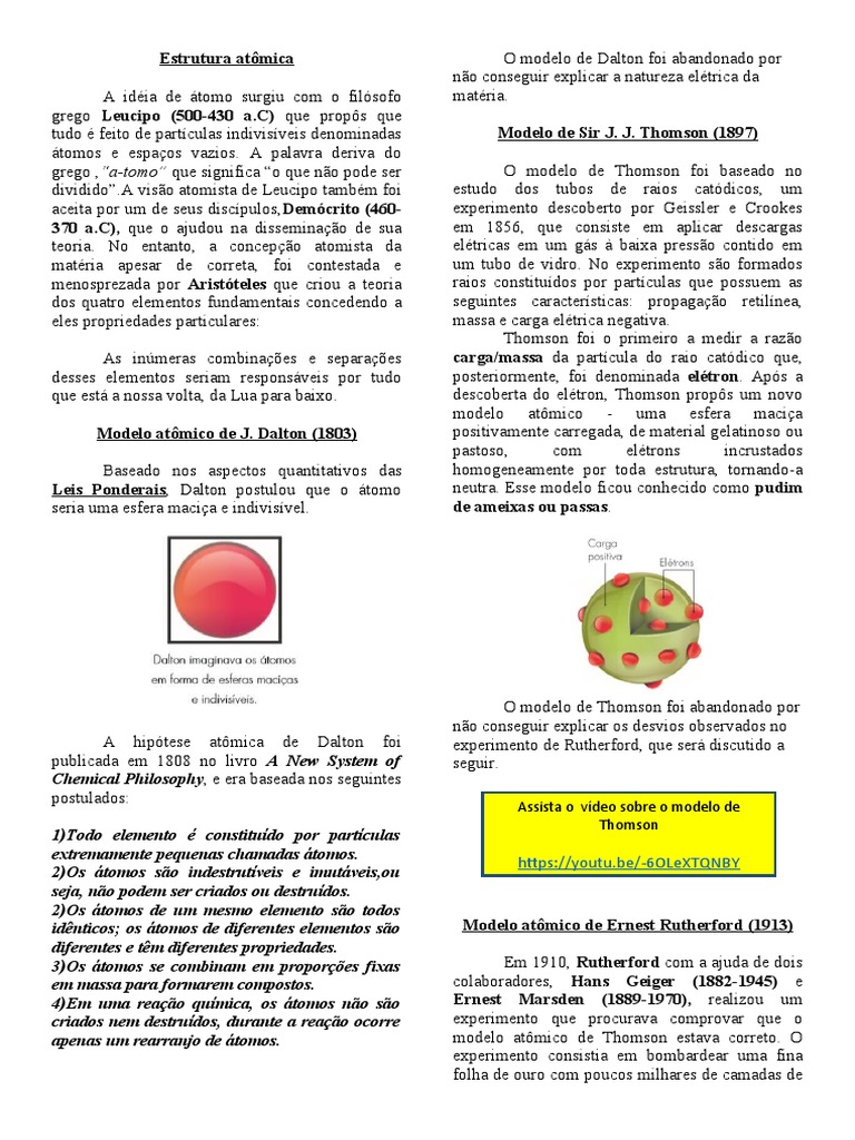 Modelos Atômicos Resumo | PDF | Átomos | Elétron