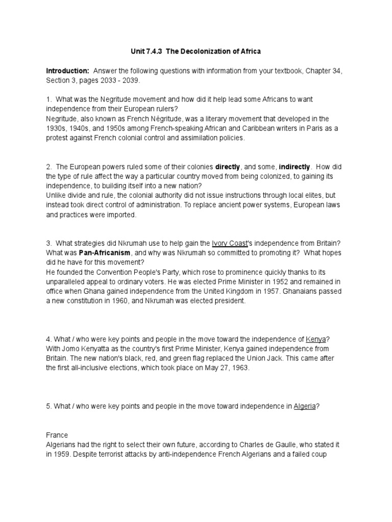 Unit 7.4.3 The Decolonization of Africa Introduction: Answer The ...