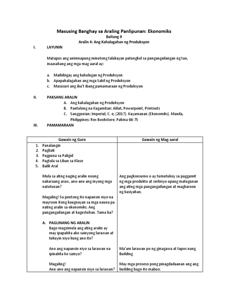 Lesson Plan (Produksyon) | PDF