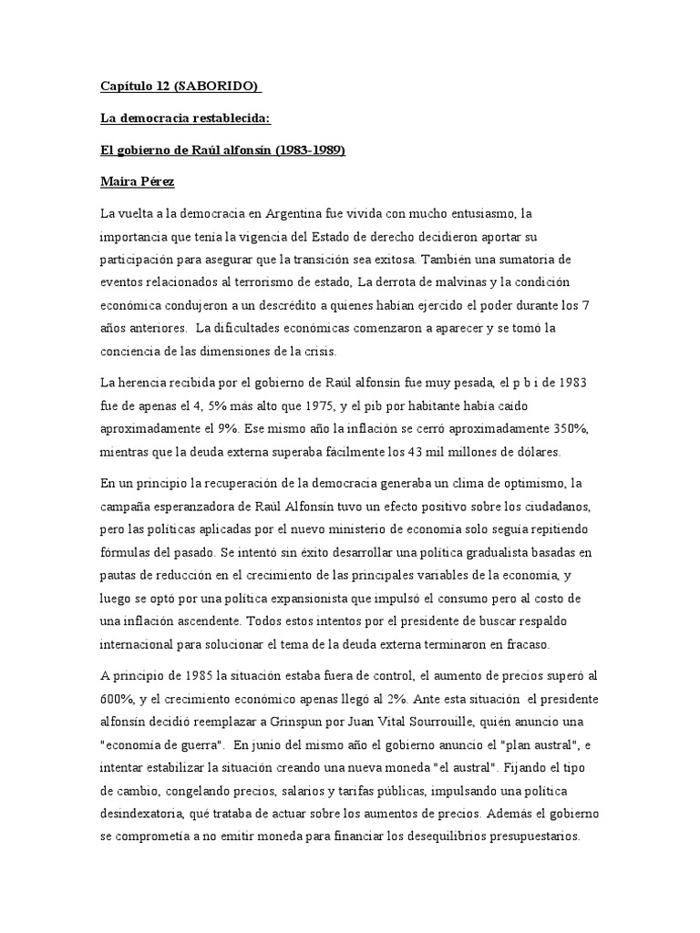 Resumen SABORIDO. Cap12, La Democracia Restablecida. | PDF | Inflación | Gobierno