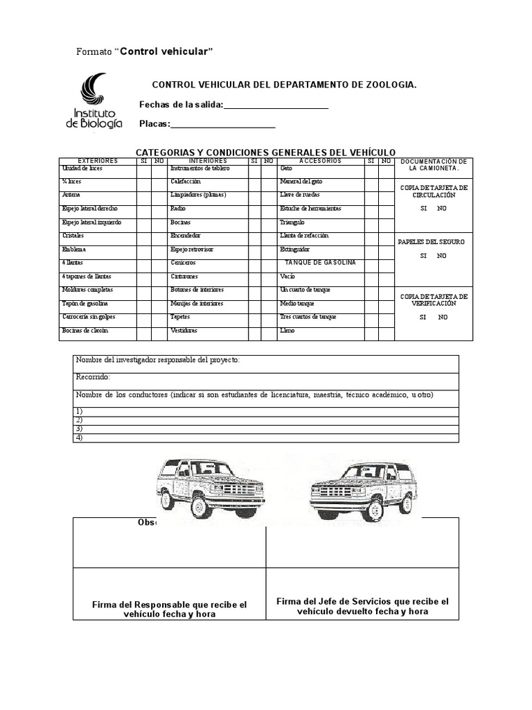 Formato "Control Vehicular": Exteriores Interiores Accesorios ...
