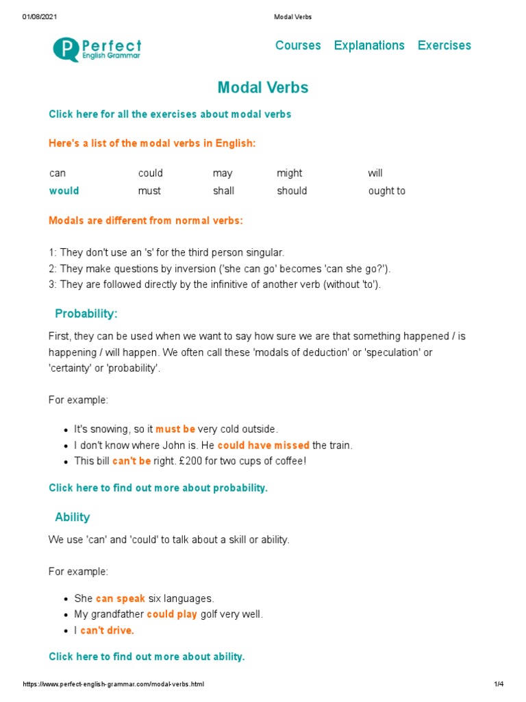 Modal Verbs: Exercises Explanations Courses | PDF | Language Mechanics | Linguistic Typology