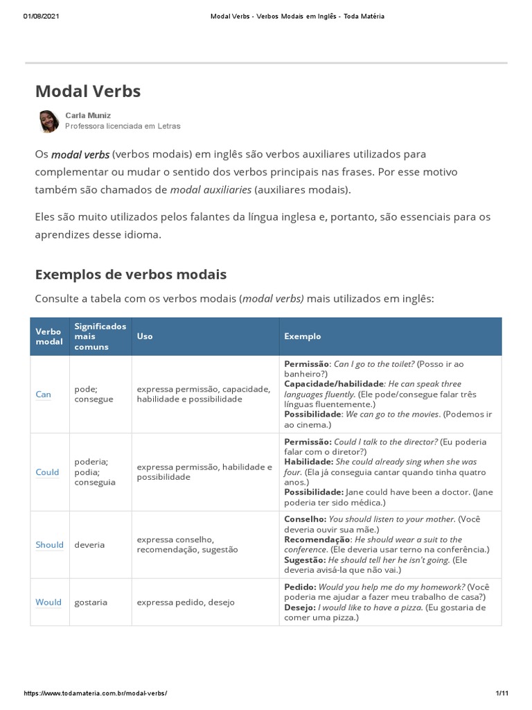 Modal Verbs - Verbos Modais em Inglês - Toda Matéria | PDF | Assunto ...