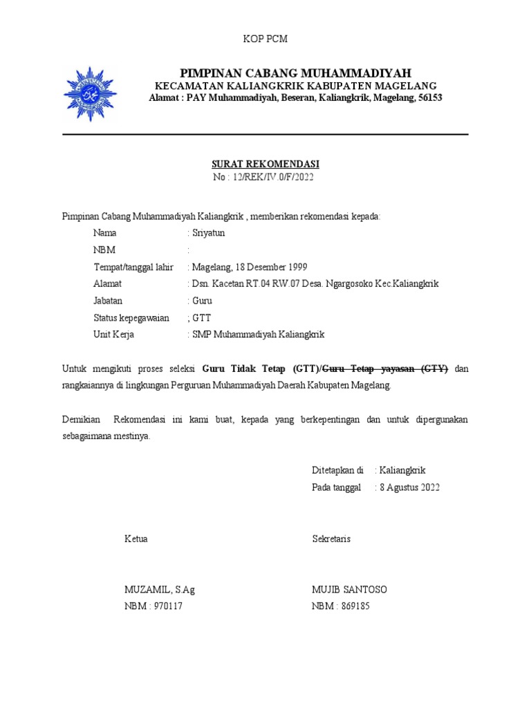 Surat Rekomendasi PCM | PDF