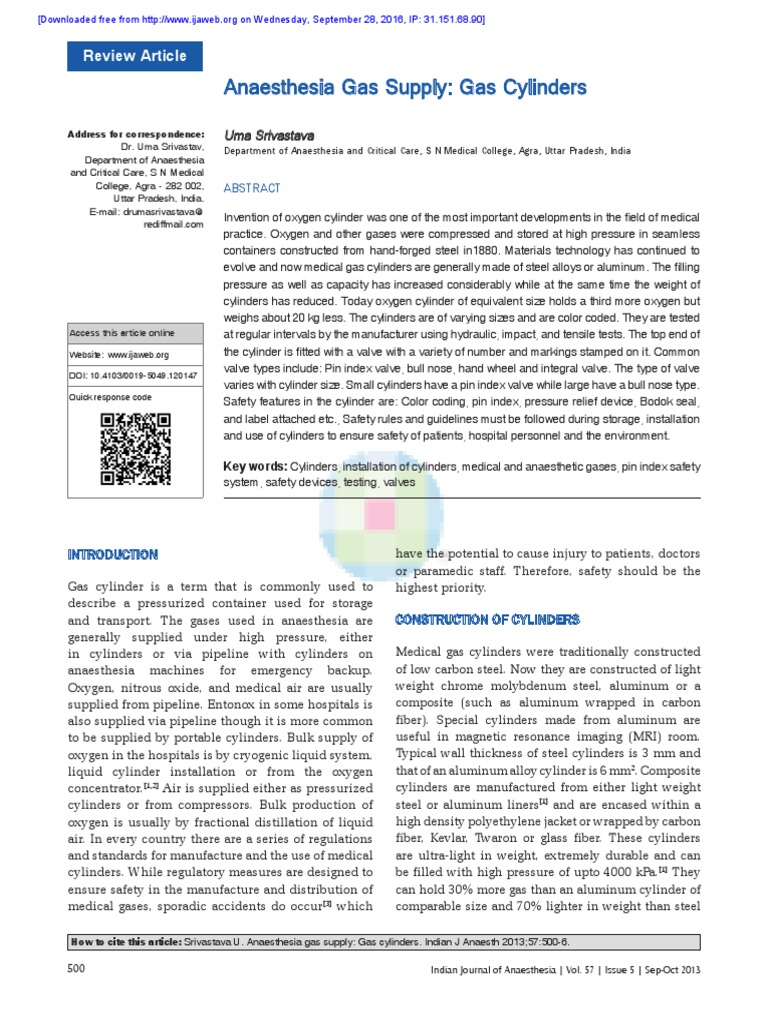 Anesthesia Gas Cylinder Safety and Codes | PDF | Valve | Nitrous Oxide