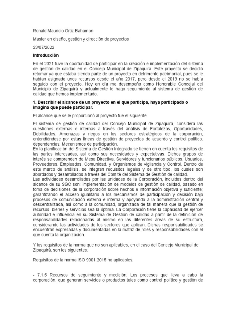 Ronald Mauricio Ortiz Bahamon | PDF | Sistema de manejo de calidad ...