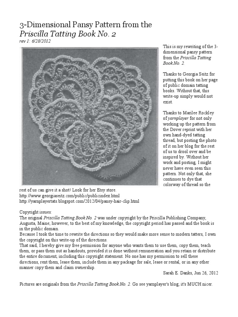 Priscilla Tatting Book No. 2: 3-Dimensional Pansy Pattern From The ...