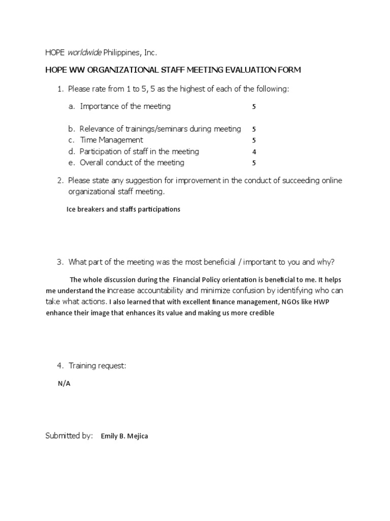 Hope WW Organizational Staff Meeting Evaluation Form | PDF