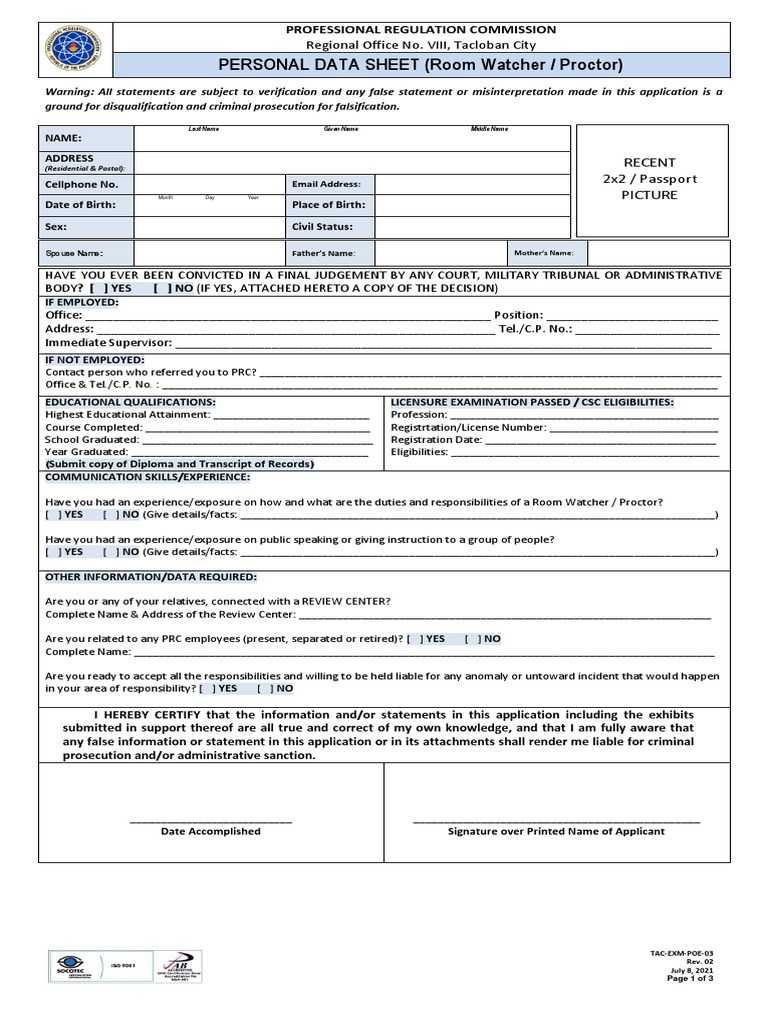 PERSONAL DATA SHEET (Room Watcher / Proctor) : Regional Office No. VIII ...