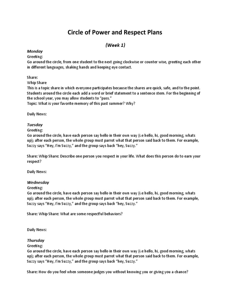 Circle of Power and Respect Plans: (Week 1) | PDF