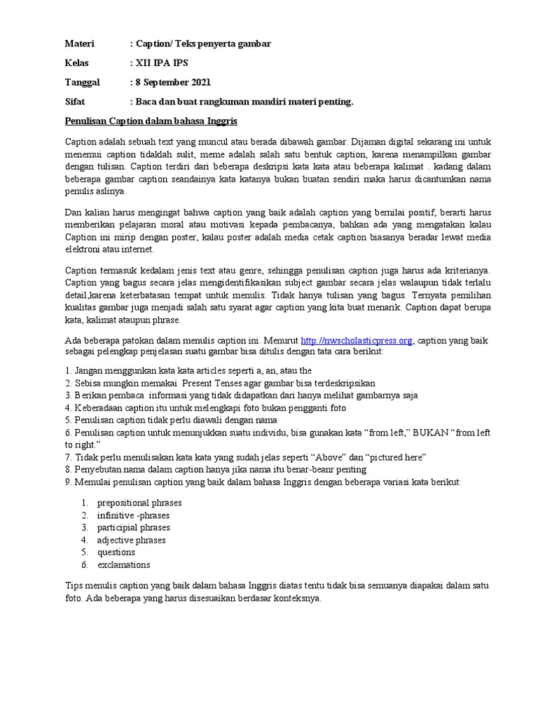 Materi Caption Text Kelas 12 SMA | PDF