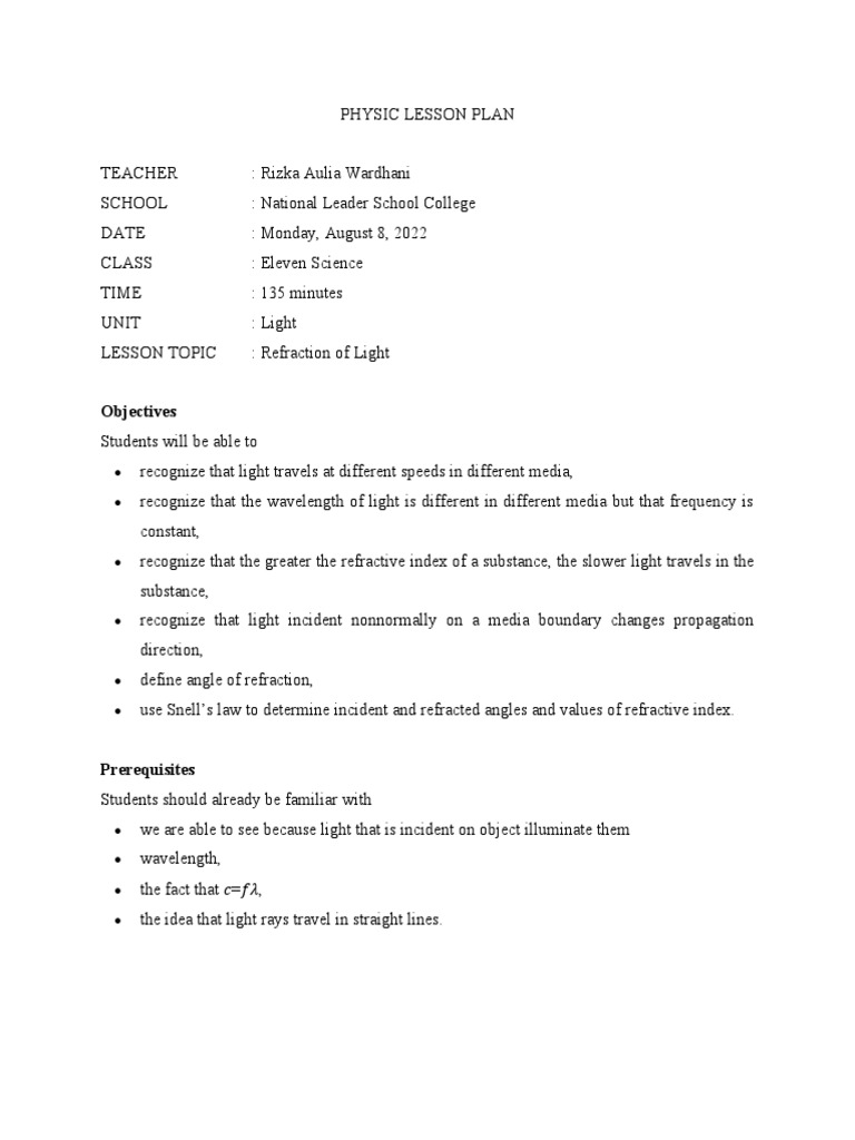 Physic Lesson Plan | PDF | Refraction | Light