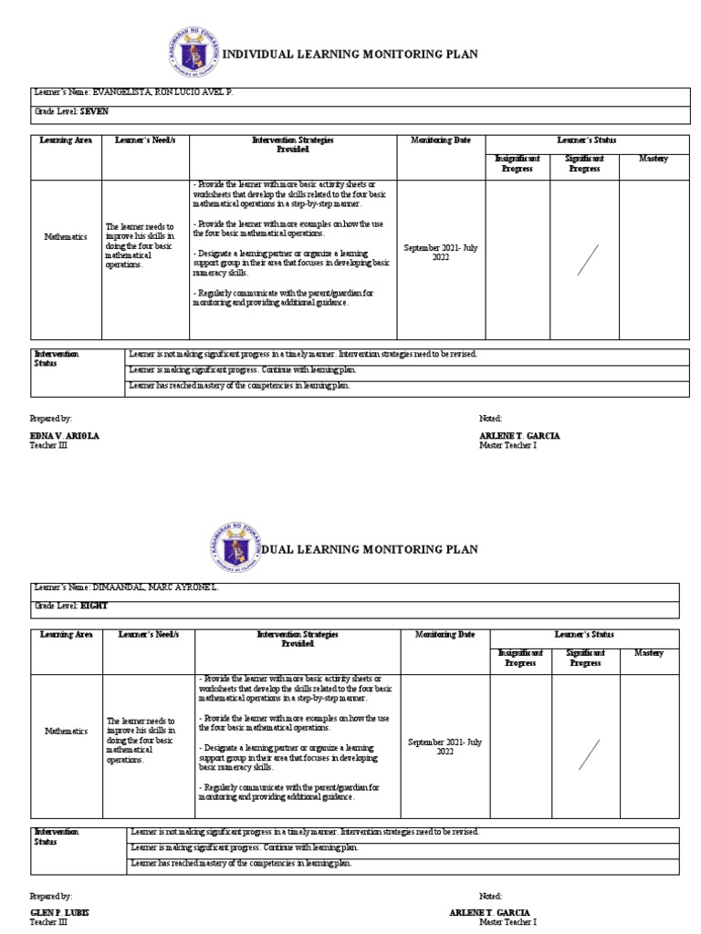 Individual Learning Monitoring Plan | PDF | Learning | Worksheet