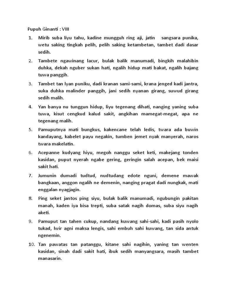 Sucita Pupuh Ginanti VIII - Mirib Suba Liyu Tahu | PDF | Seni & Disiplin Bahasa | Pengembangan Diri