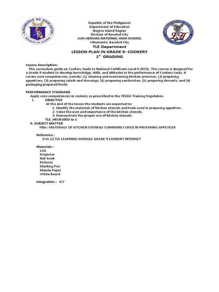 Grade 9 Cookery Lesson Plan: Kitchen Utensils | PDF | Kitchen Utensil ...