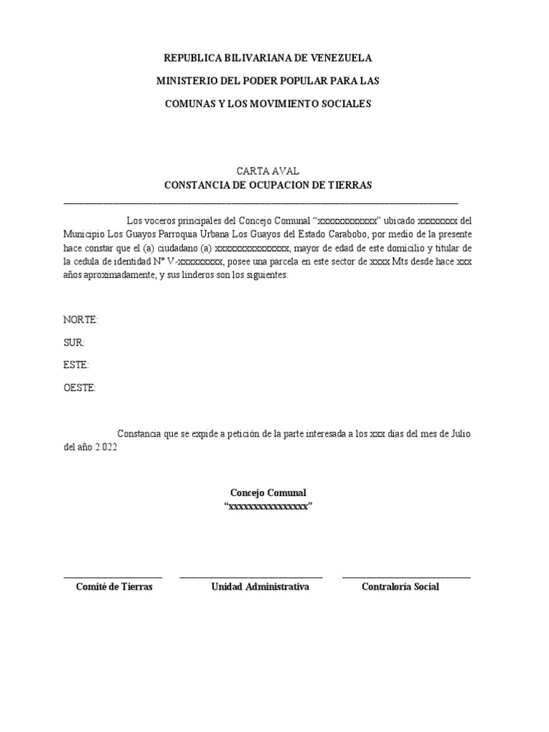 Constancia de ocupación de tierras en Venezuela | PDF