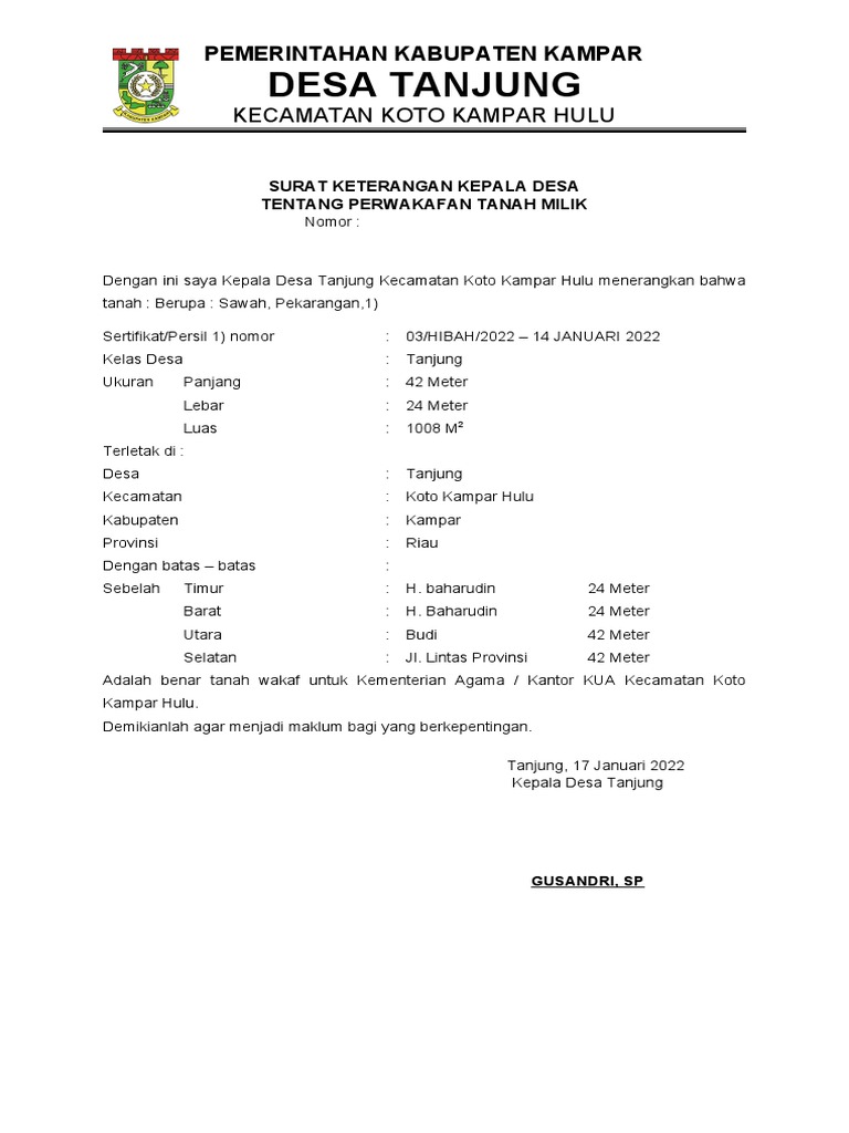 Surat Keterangan Kepala Desa Wakaf | PDF Surat Keterangan Kepala Desa Wakaf | PDF