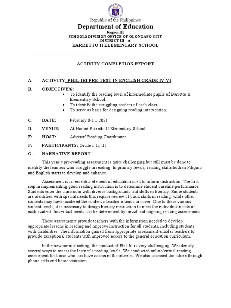 Sample Activity Completion Report | PDF | Teachers | Education Theory