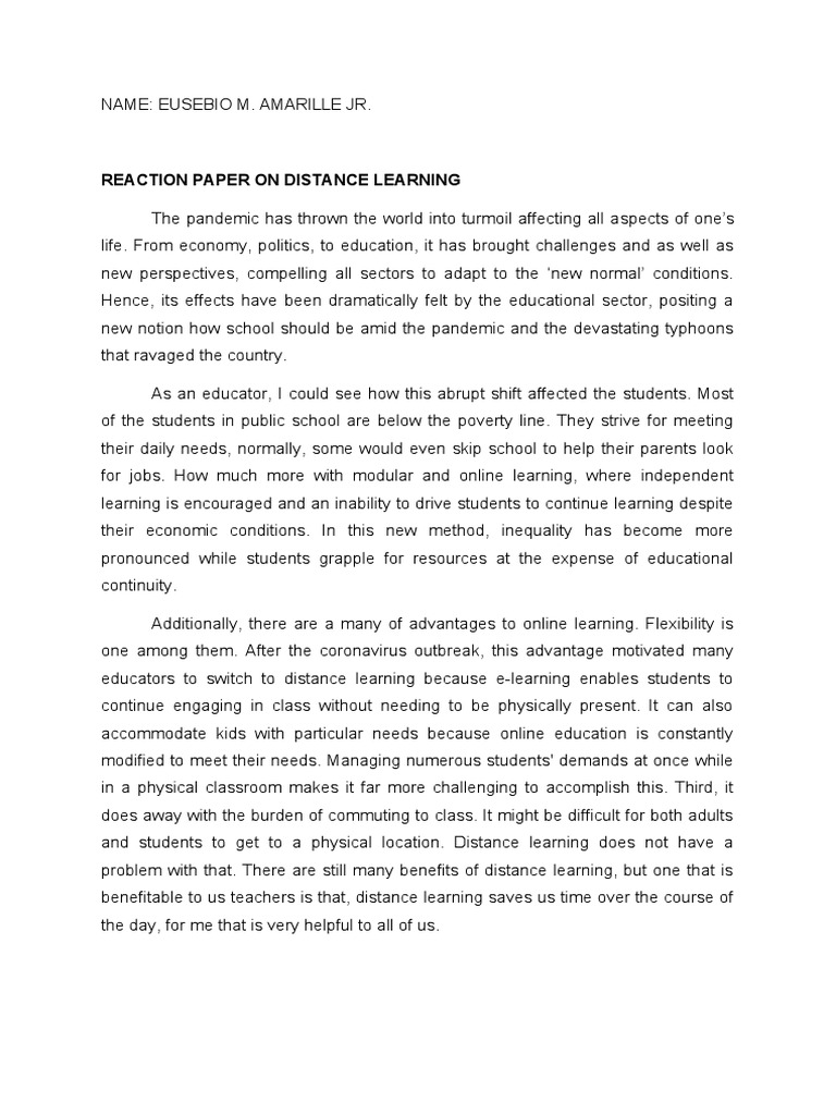 Reaction Paper About Distance Learning | PDF