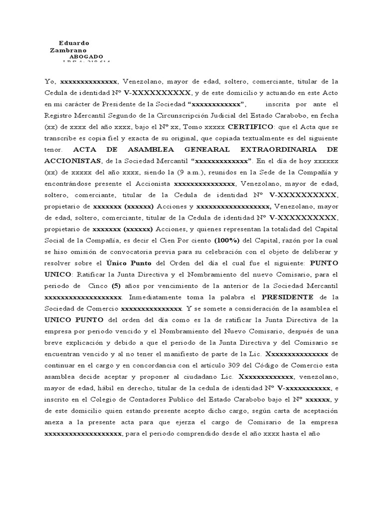 Acta de Asamblea Extraordinaria de Ratificacion de Junta Directiva y Cambio de Comisario. | PDF ...