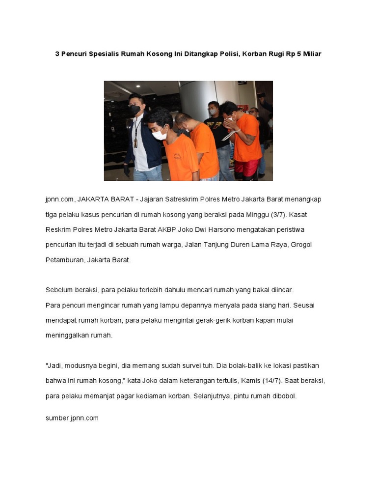 3 Pencuri Spesialis Rumah Kosong Ini Ditangkap Polisi | PDF