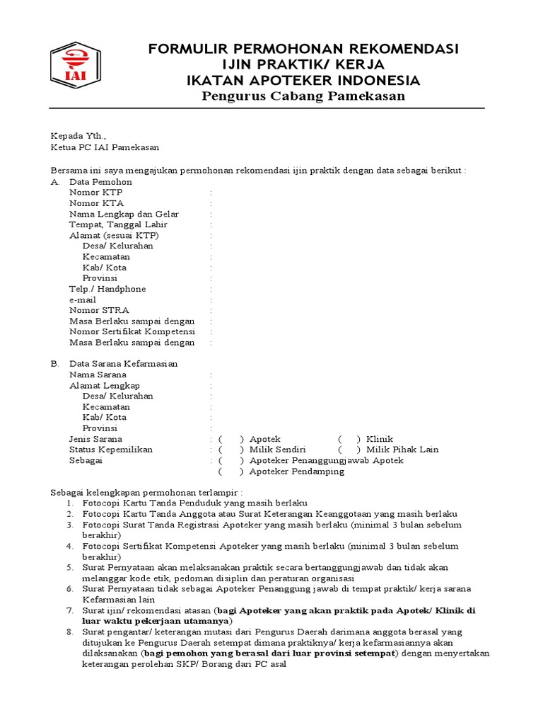 Form Permohonan Rekom Iai | PDF | Hukum