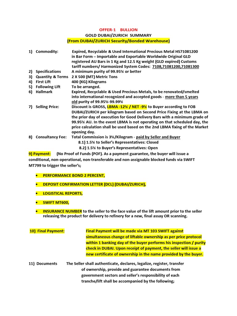 Gold Bullion & Dore Bars Sale Offers | PDF | Invoice | Receipt