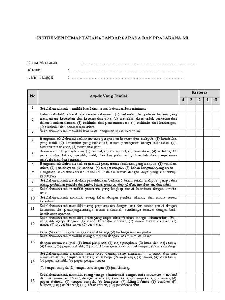 INSTRUMEN PEMANTAUAN STANDAR SARANA DAN PRASARANA MI (Abdul Khalum Zaini) | PDF