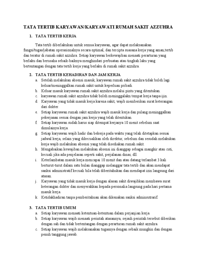 Tata Tertib Karyawan RS Azzuhra | PDF