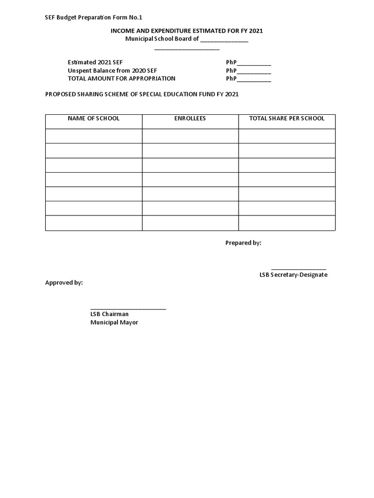 SEF Budget Preparation Form N1 | PDF