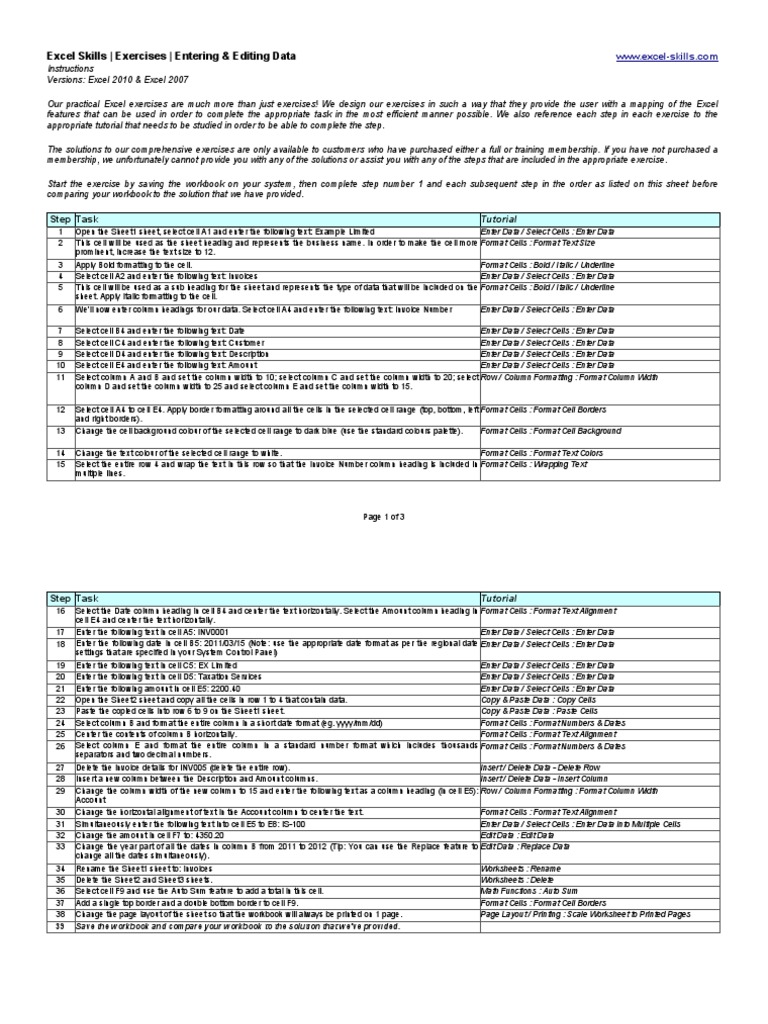 Excel Skills - Exercises - Entering & Editing Data: Step Task | Download Free PDF | Microsoft ...