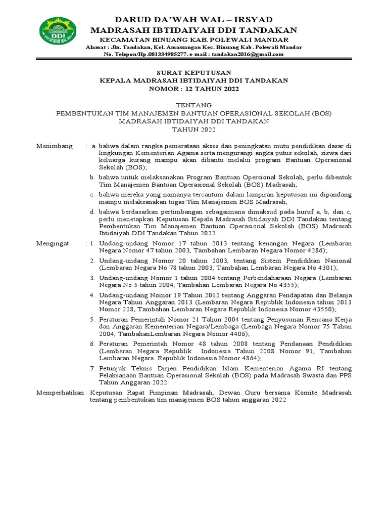 Pembentukan Tim BOS MI DDI Tandakan 2022 | PDF | Pengelolaan Keuangan ...