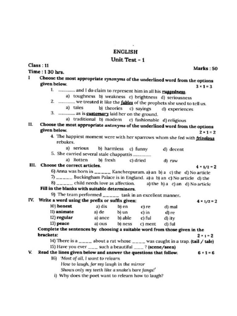 11th English Unit Test 1 Question Paper 2021 1.1 | PDF