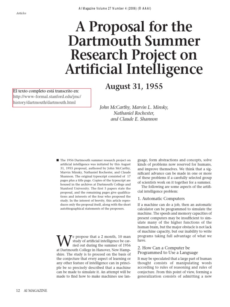 McCARTHY Et Al (2006) A Proposal For The Dartmouth Summer Research Project On Artificial ...