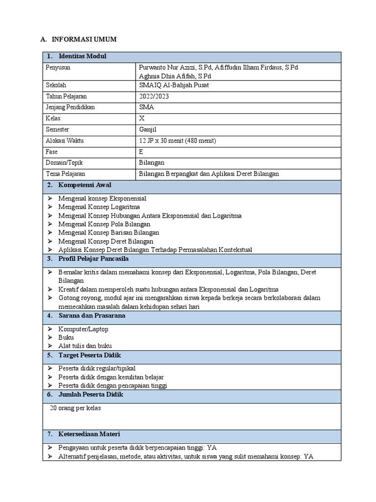 Modul Ajar Fase E Elemen Bilangan Eksponen Dan Logaritma | PDF