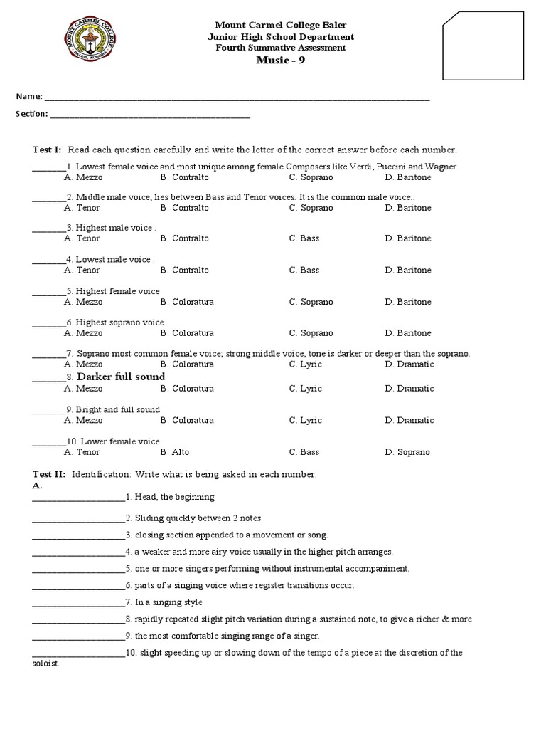 4th Summative Assessmet Music 9 | PDF | Singing | Performing Arts