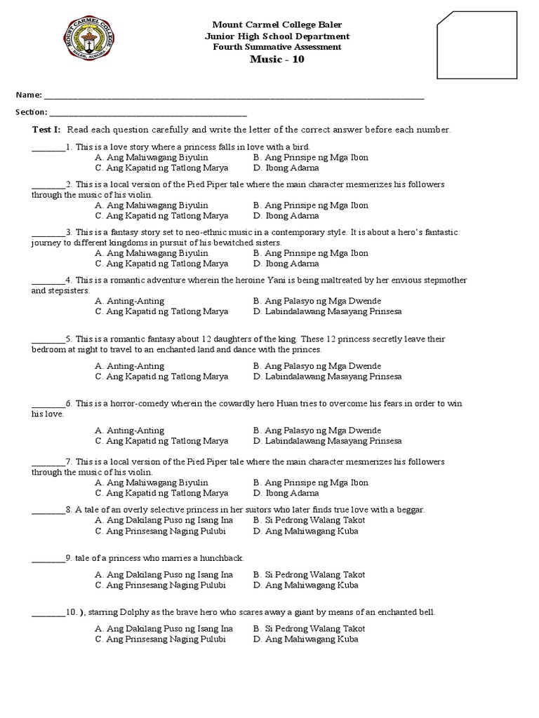 Music - 10: Mount Carmel College Baler Junior High School Department | PDF
