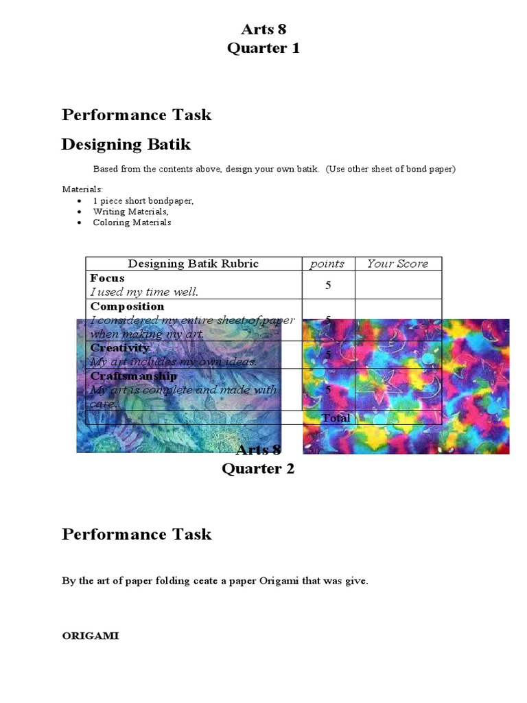 Performance Task Designing Batik: Arts 8 Quarter 1 | PDF | Art