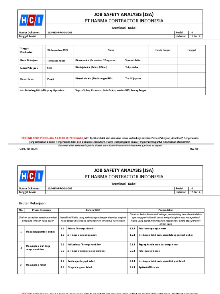 JSA-HCI-PRO-01-003 Terminasi Kabel | PDF